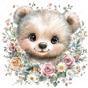 6 Watercolor Floral Bear Clipart, Cute Bear With Flower Wreaths ...