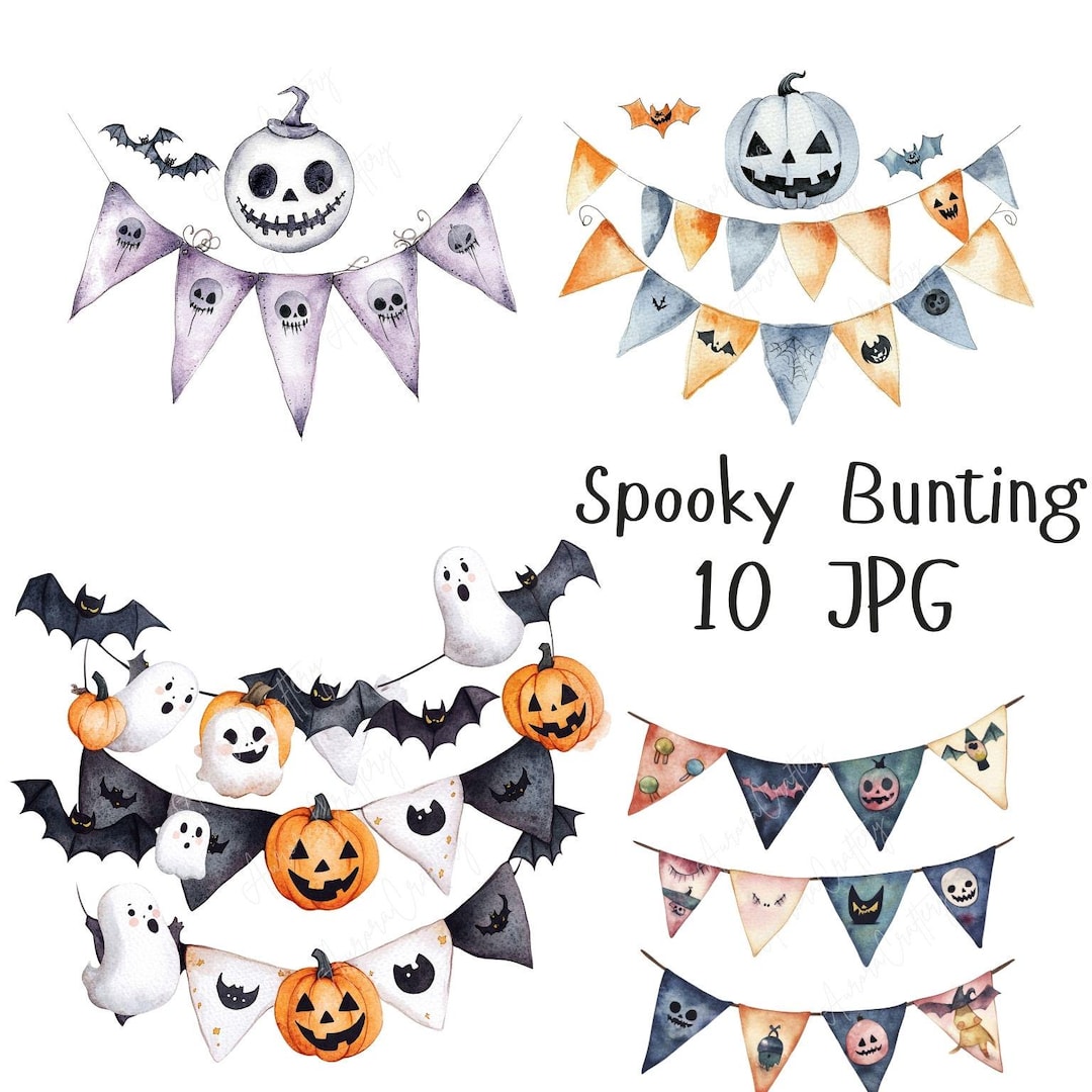 10 Spooky Bunting Clipart Watercolor Spooky Banner, Cute Ghost and ...