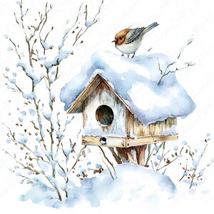 9 Watercolor Winter Birdhouse Clipart, Snow-covered Birdhouses and ...