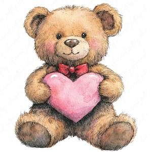5 Cute Teddy Bear Clipart, Watercolor Teddy Bears With Hearts and Gifts ...
