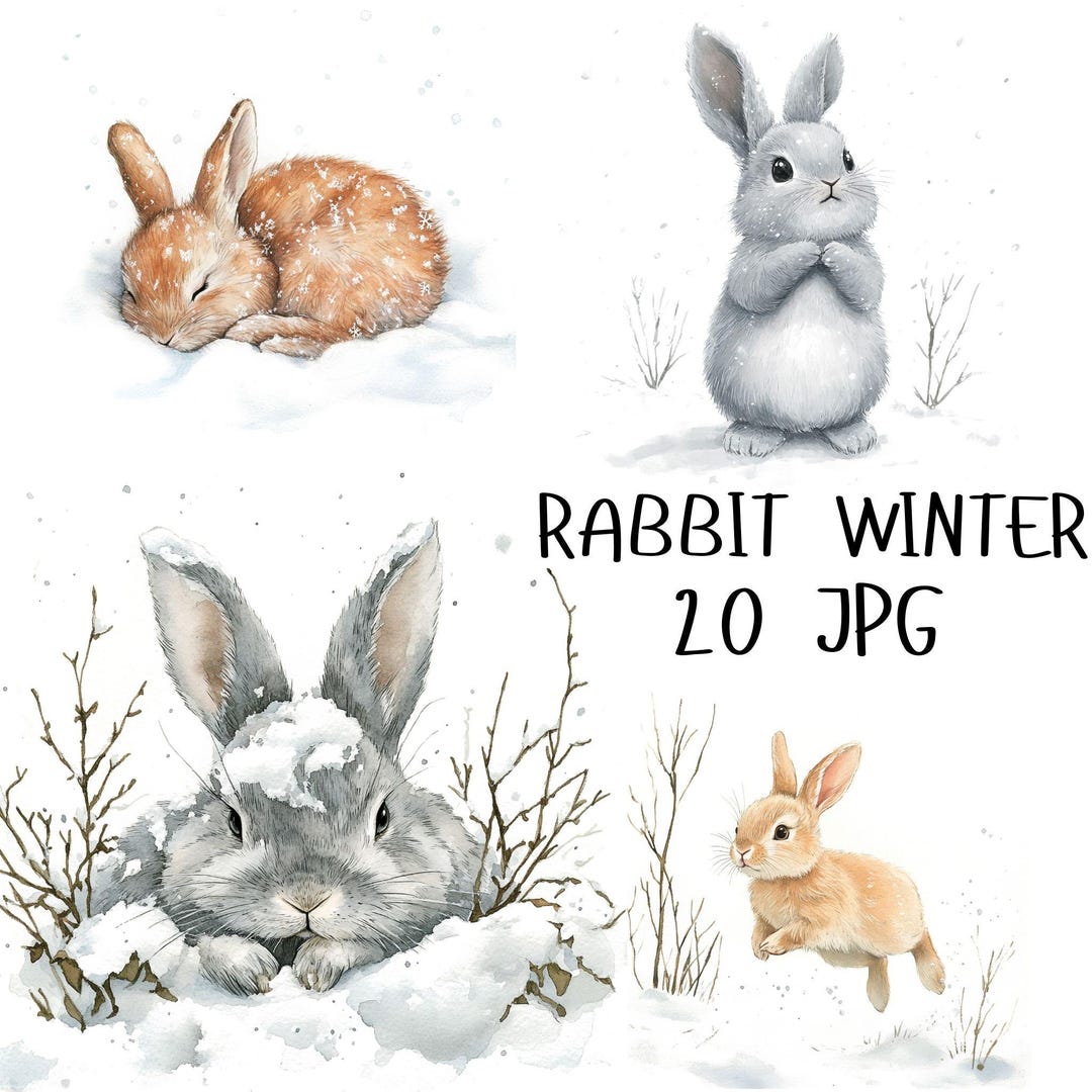 20 Watercolor Winter Rabbit Clipart, Cute Snowy Bunny Clipart, Cozy ...