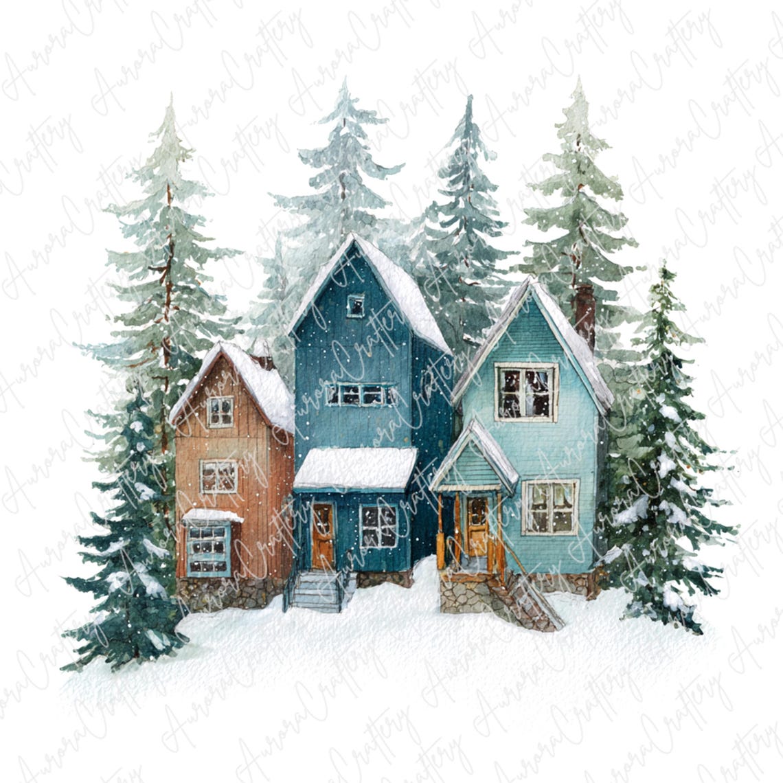 8 Watercolor Winter Village Houses Clipart, Snowy Pine Trees, Cozy ...