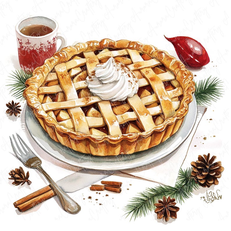 8 Watercolor Apple Pie Clipart, Traditional Dessert Clipart, Pie ...
