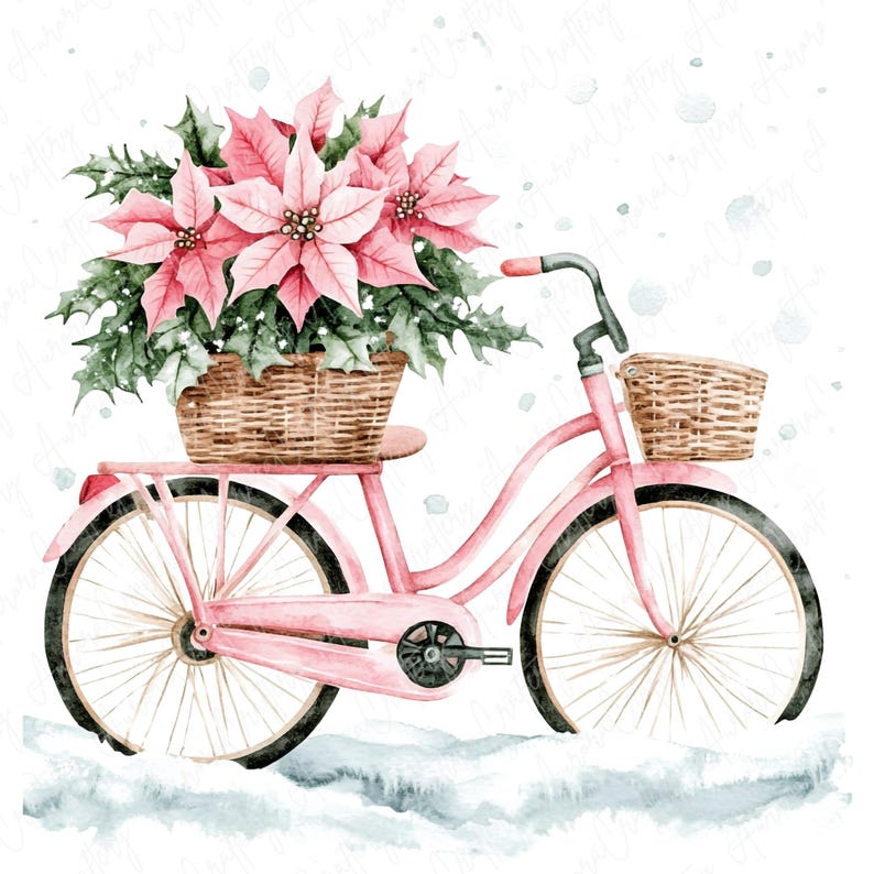 6 Watercolor Festive Bicycle Clipart, Pink Bicycles With Flowers ...
