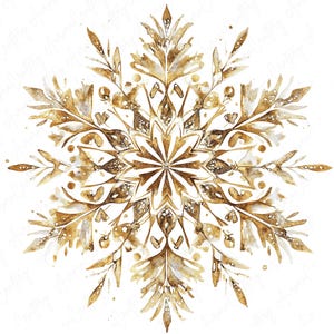 7 Watercolor Winter Snowflake Clipart, Gold Snowflake Clipart, Festive ...