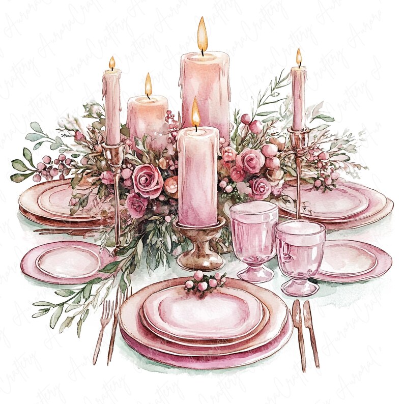 6 Pink Winter Festive Table Clipart, Winter Meal Clipart, Candlelight ...