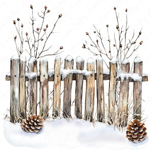 8 Watercolor Winter Fence Clipart, Rustic Wooden Fences With Pinecones ...