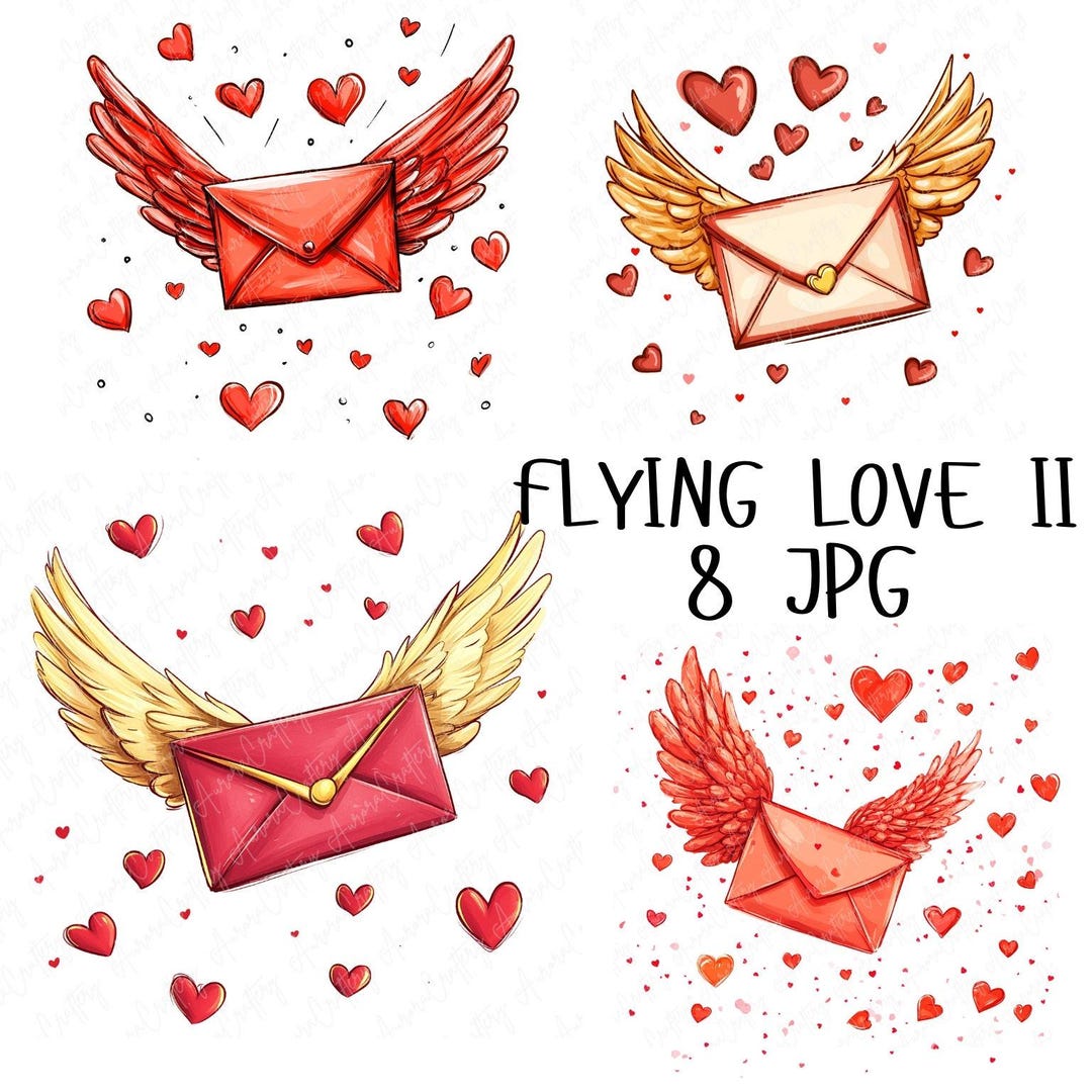 8 Watercolor Love Letter Clipart, Romantic Envelope With Wings ...