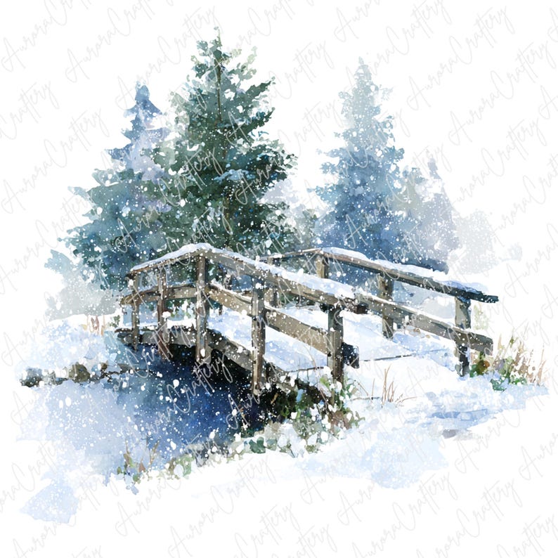 7 Watercolor Winter Bridge Clipart, Snowy Wooden Pathway With Pine ...