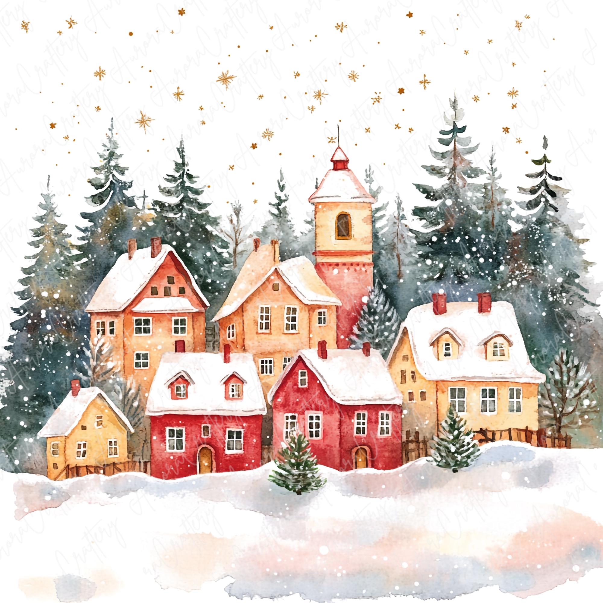 10 Watercolor Winter Village Clipart | Snowy House, Cozy Street, Trees ...