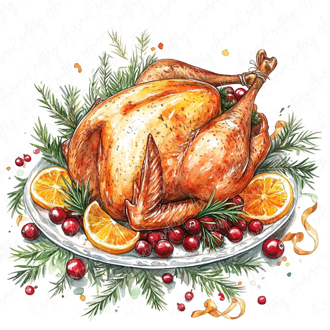 6 Watercolor Roast Turkey Clipart, Festive Dinner Clipart, Turkey With ...