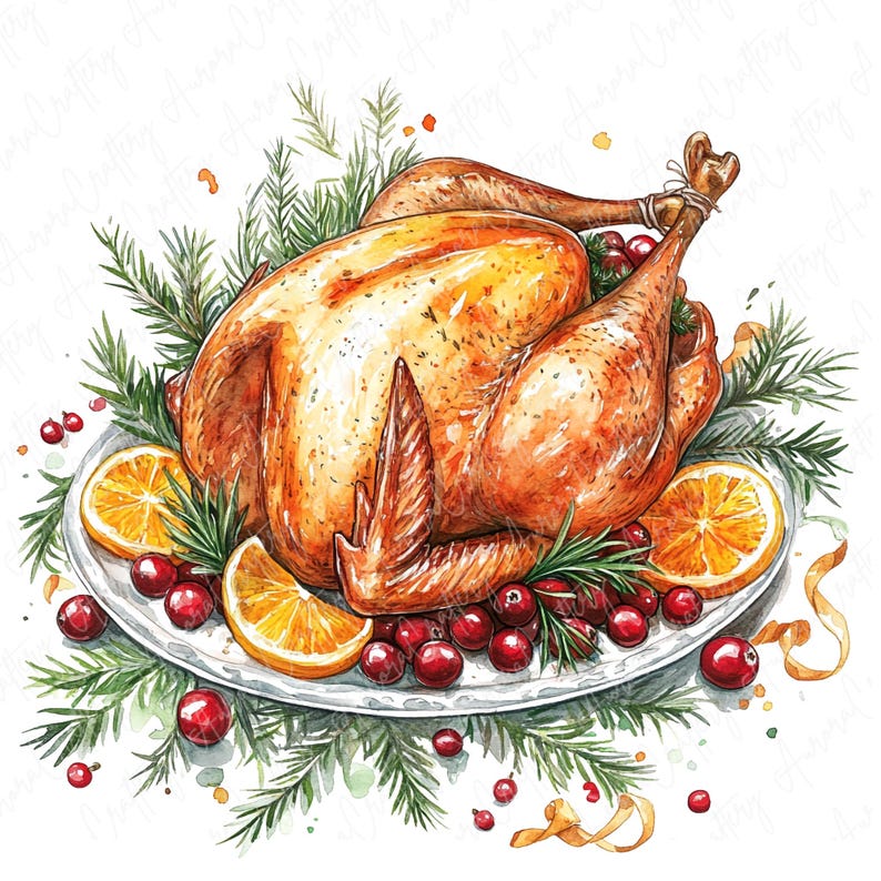 6 Watercolor Roast Turkey Clipart, Festive Dinner Clipart, Turkey With ...