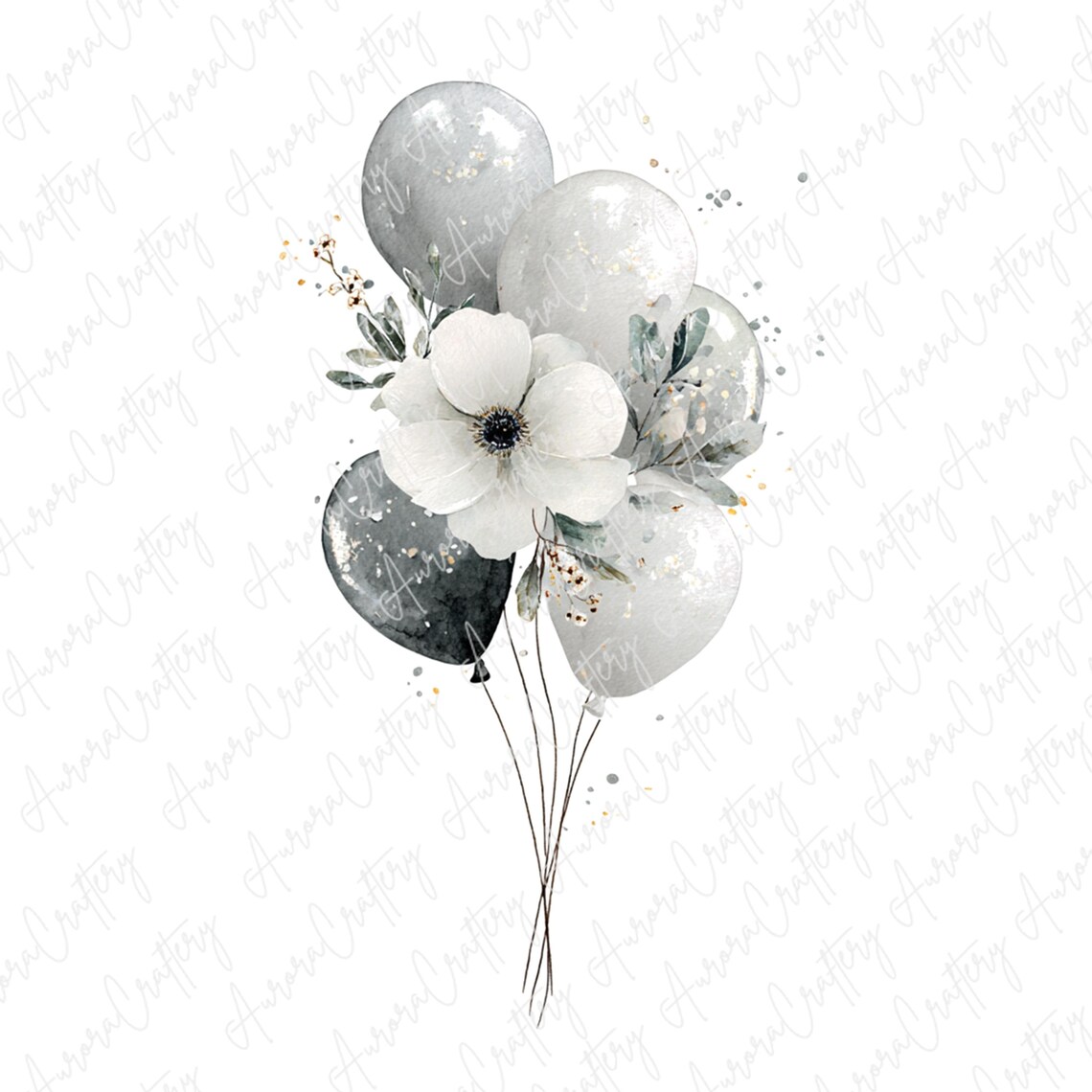 10 Watercolor Silver Balloon Clipart JPG, White and Gray Balloon ...