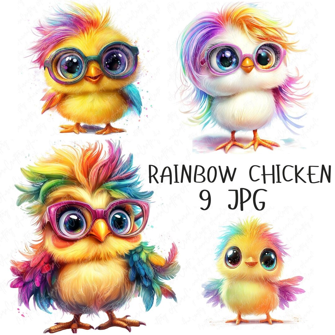 9 Rainbow Chicken Clipart, Whimsical Chicken, Funny Animal Clipart ...