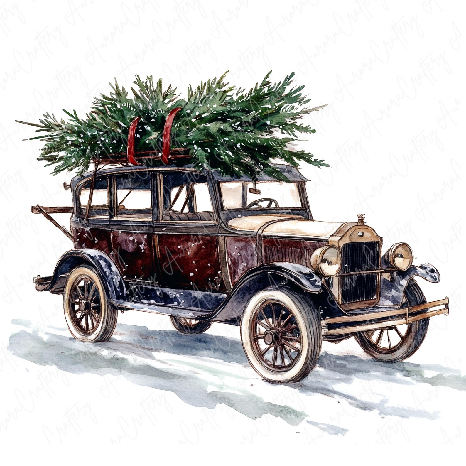 10 Festive Car Clipart, Vintage Cars With Winter Trees, Festive Tree ...
