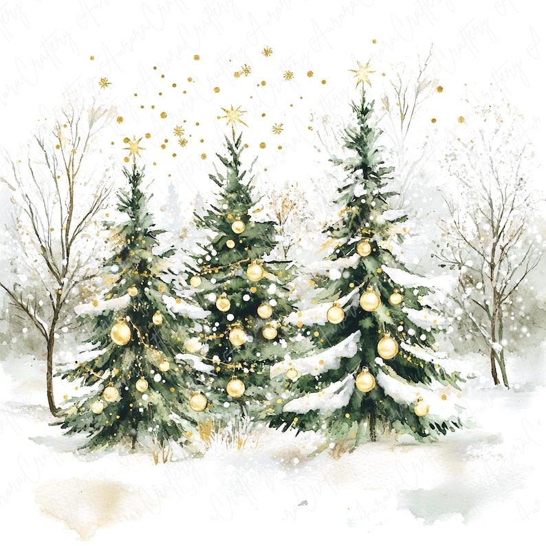 7 Watercolor Snowy Pine Trees Clipart, Winter Trees Clipart, Festive ...
