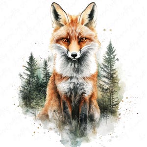 15 Watercolor Fox in Forest Clipart, Forest Fox Clipart, Majestic Fox ...