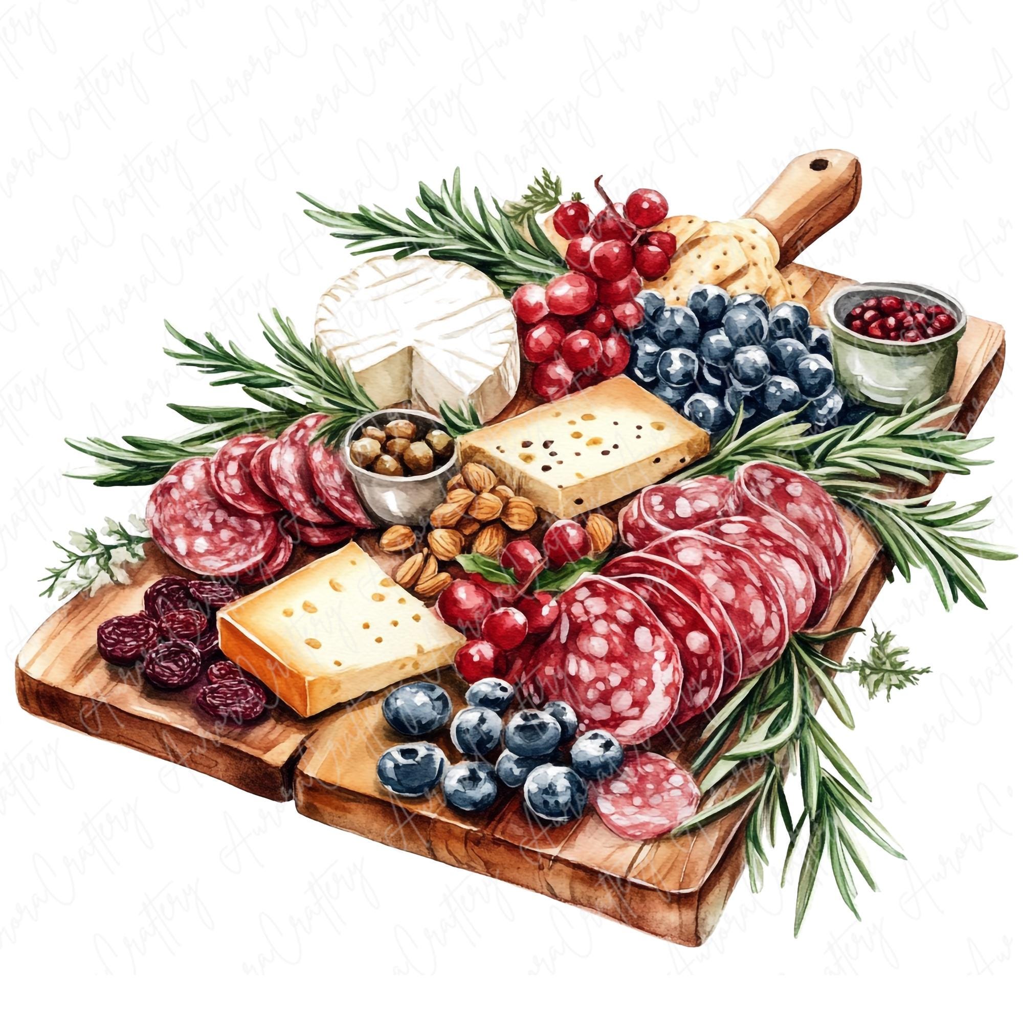 8 Watercolor Charcuterie Board Clipart, Food Clipart, Cheese & Fruit ...
