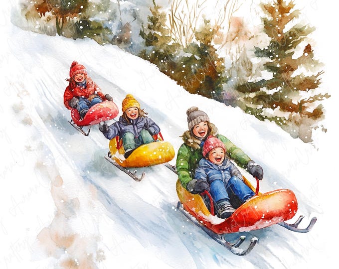 Watercolor Winter Kids Sledding Clipart | PNG, SVG (digital Download ...
