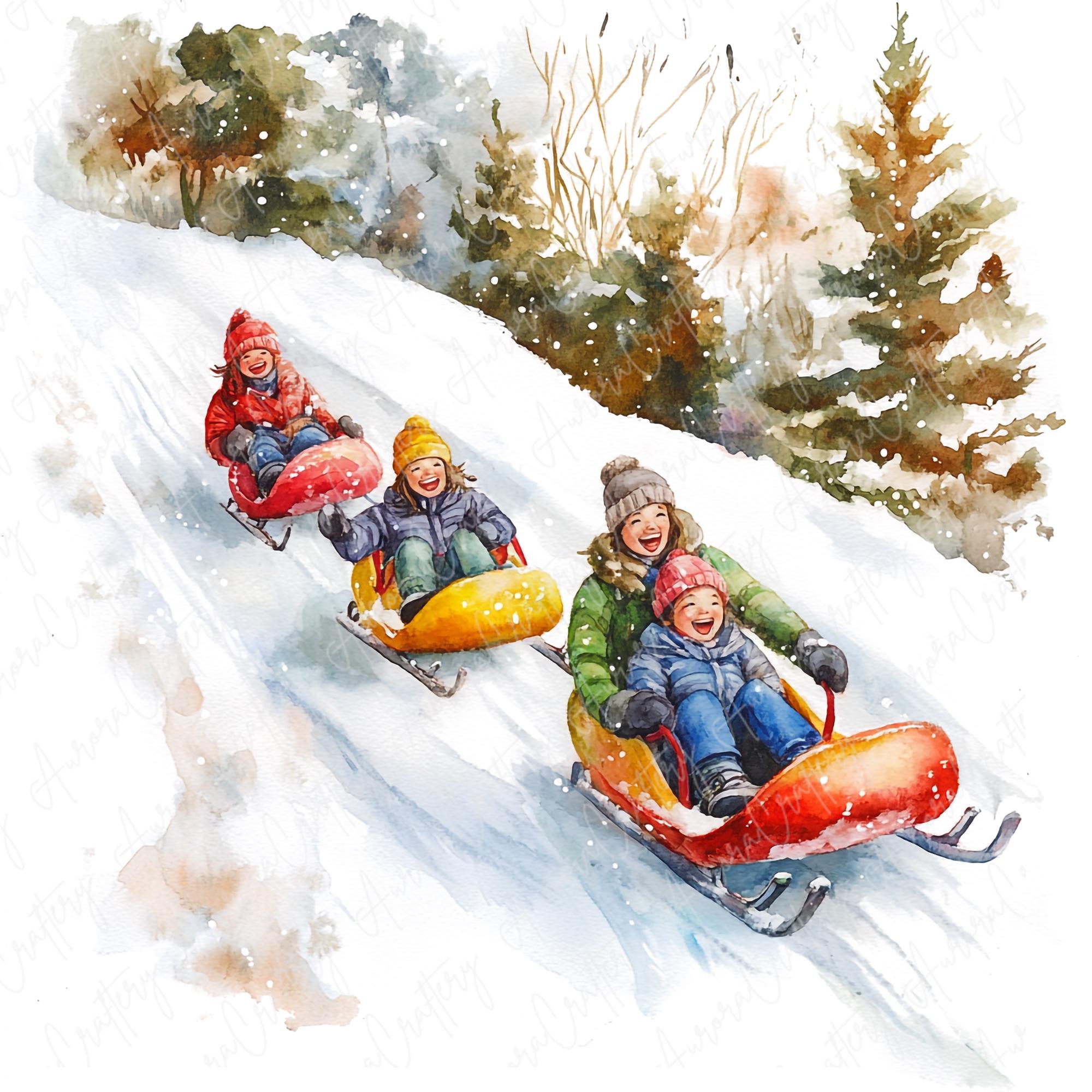 8 Watercolor Winter Sledding Clipart, Festive Snow Clipart, Winter ...