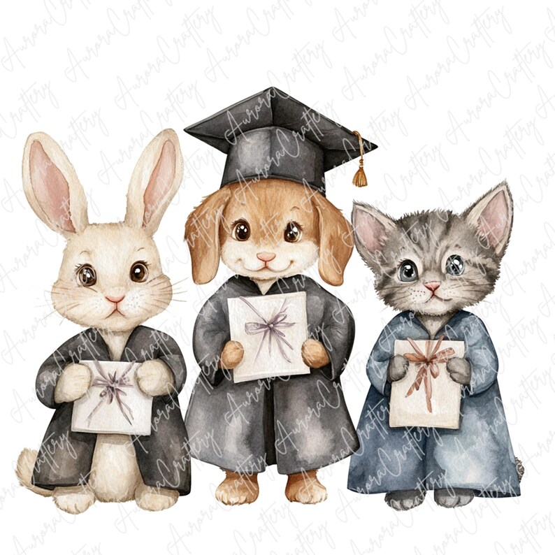 6 Graduation Animal Friends Clipart, Watercolor Rabbits, Cats & Dogs in ...