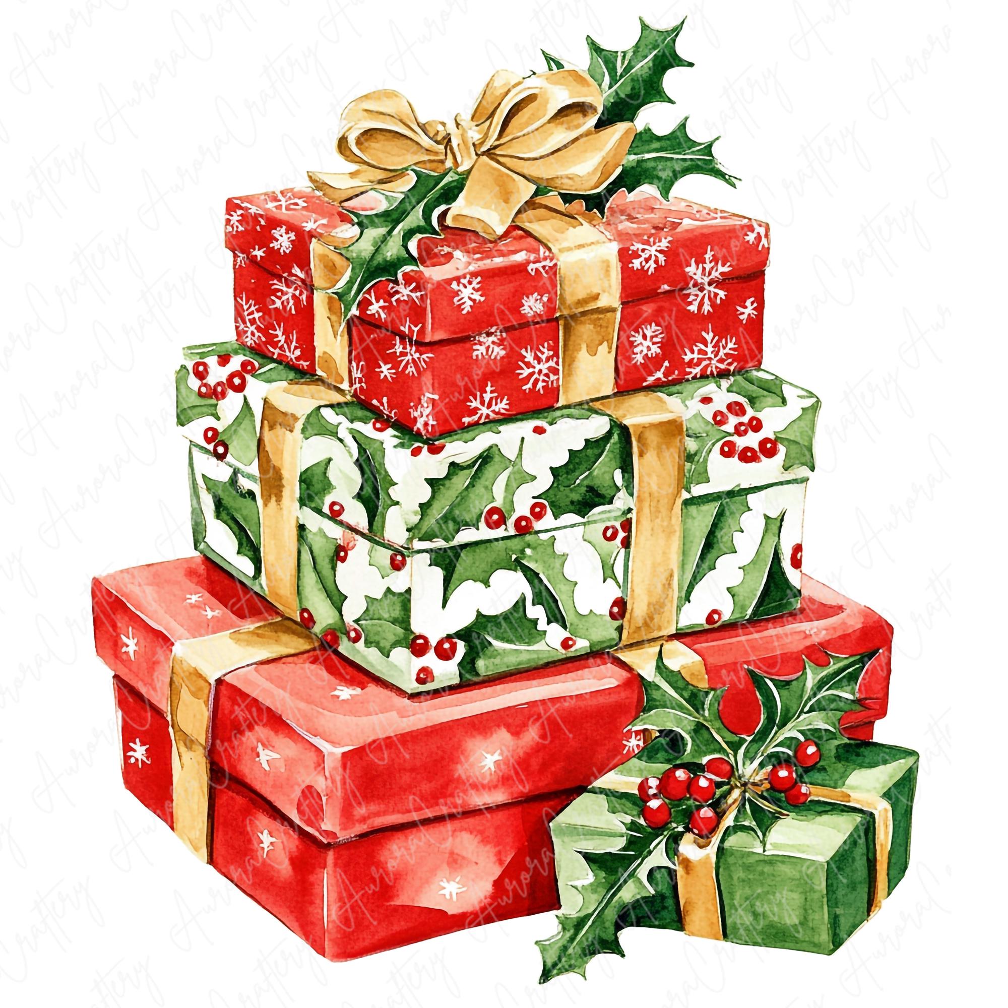 8 Watercolor Winter Gift Box Clipart, Festive Present Clipart, Red ...