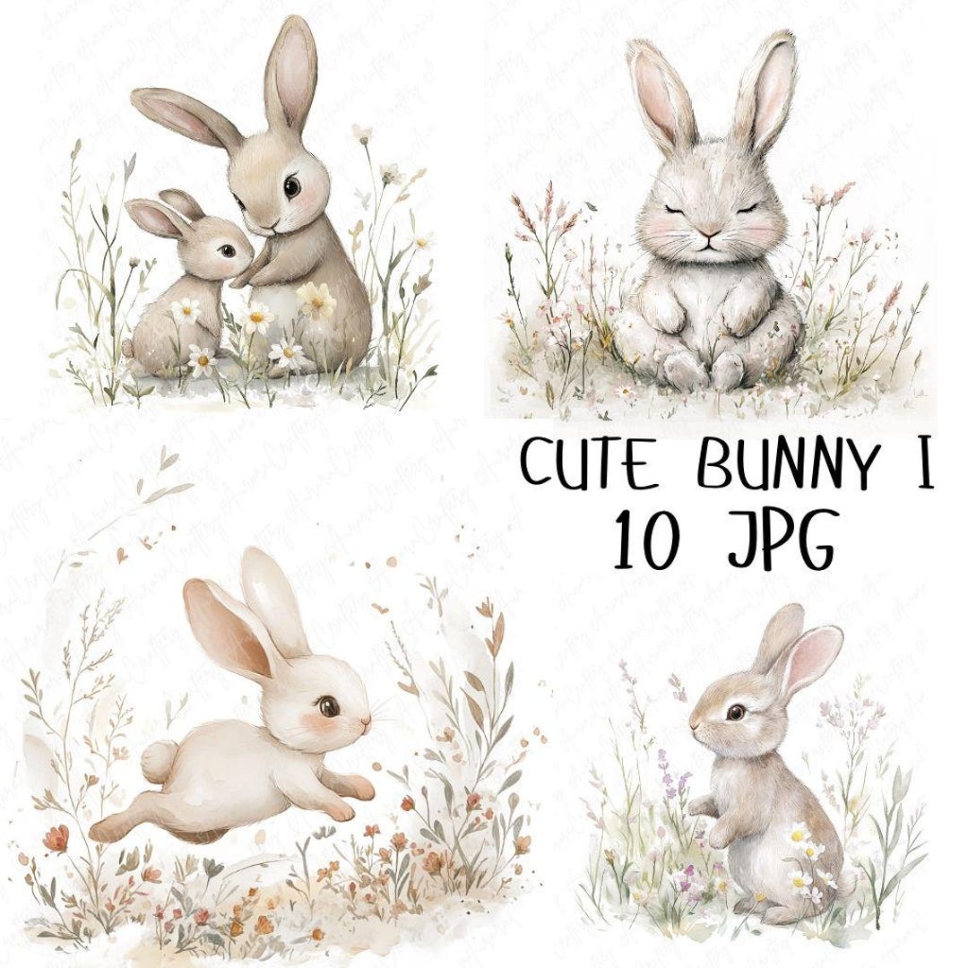10 Watercolor Bunny Clipart, Woodland Bunny Clipart, Cute Bunny With ...