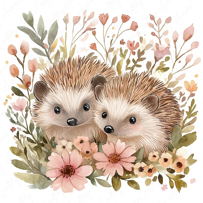 10 Watercolor Hedgehog Clipart, Woodland Hedgehog Family Flowers, Cute ...