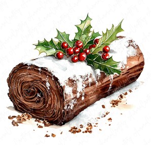 6 Watercolor Log Cake Clipart, Chocolate and Festive Clipart, Holiday ...