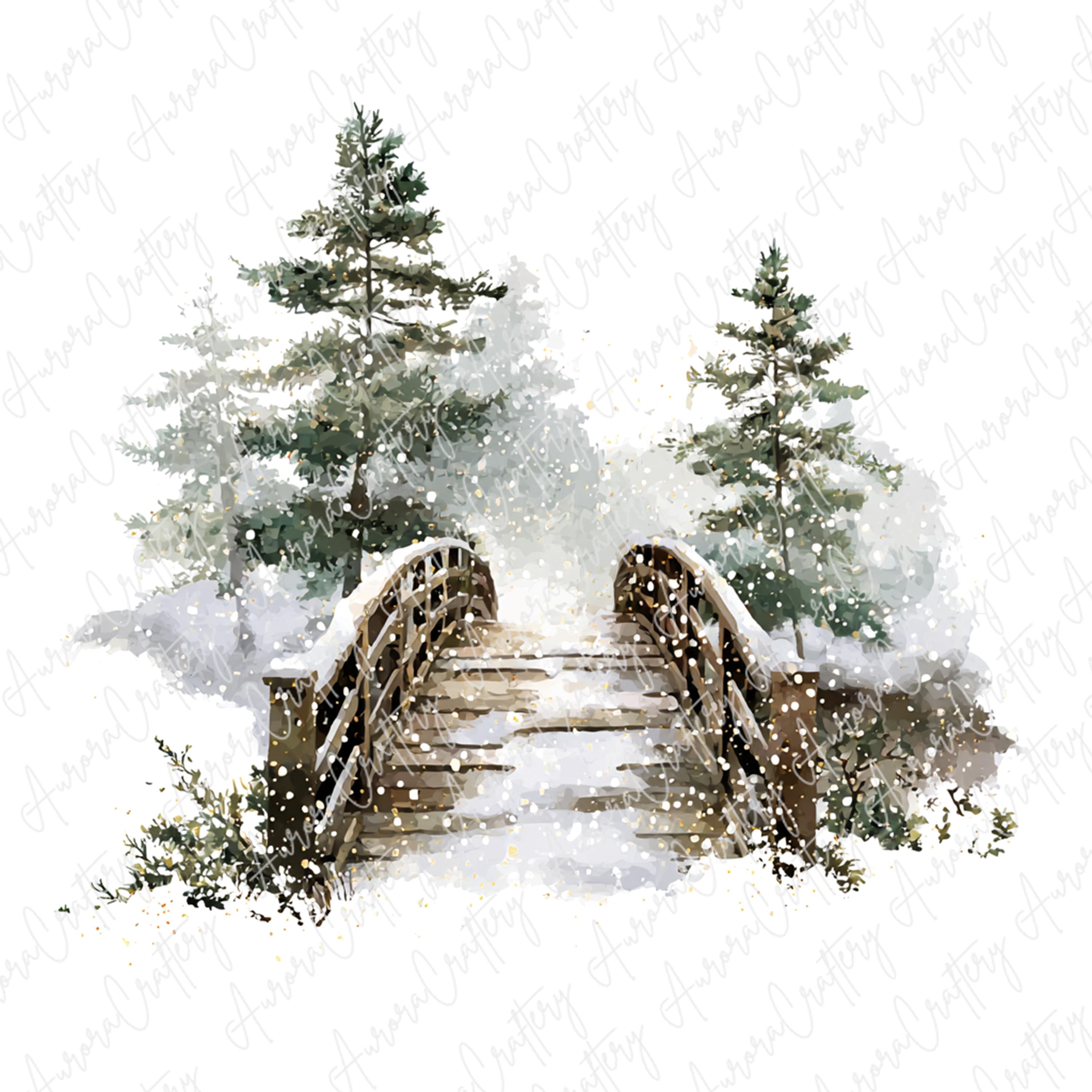 7 Watercolor Winter Bridge Clipart, Snowy Wooden Pathway With Pine ...