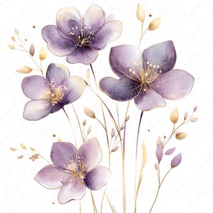 14 Purple and Gold Watercolor Floral Clipart Bundle, Luxurious Purple ...