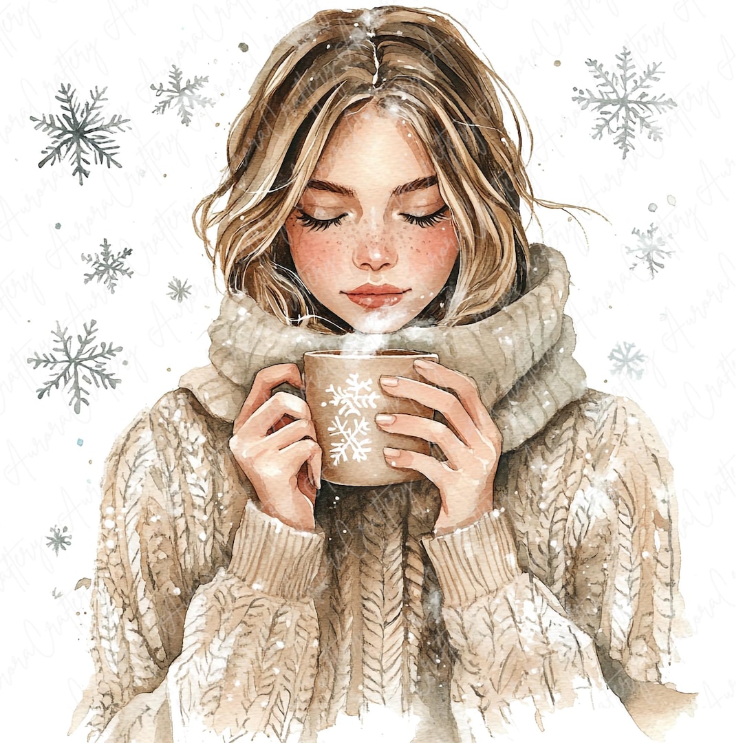 10 Winter Drink Clipart, Cozy Girl Holding Mugs, Watercolor Winter ...