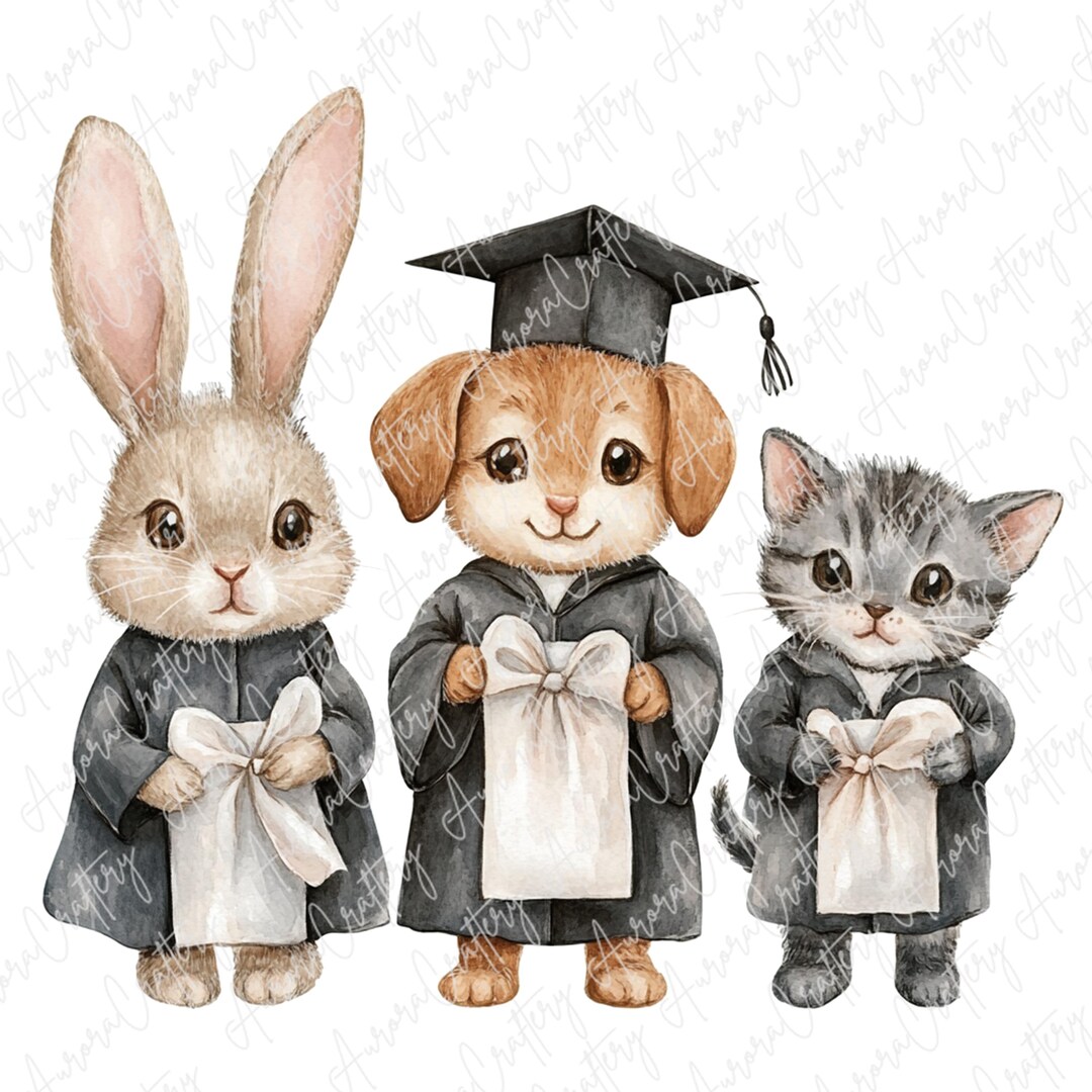 6 Graduation Animal Friends Clipart, Watercolor Rabbits, Cats & Dogs in ...
