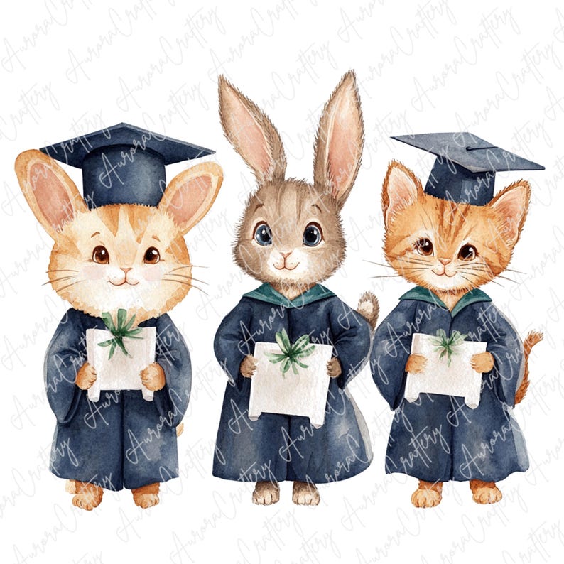 6 Graduation Animal Friends Clipart, Watercolor Rabbits, Cats & Dogs in ...