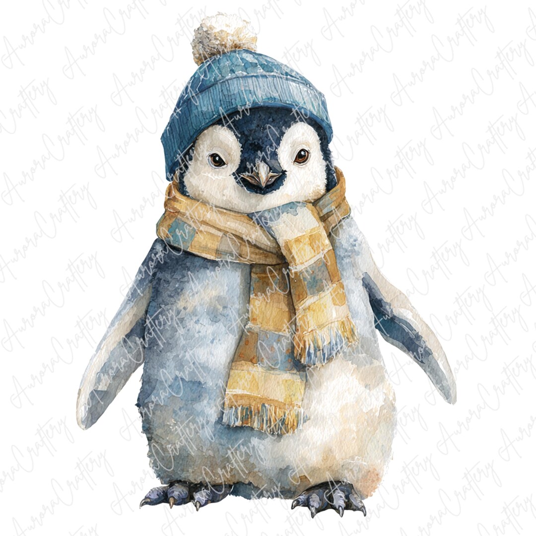 7 Watercolor Winter Penguin Clipart, Cute Penguin With Scarf and Hat ...