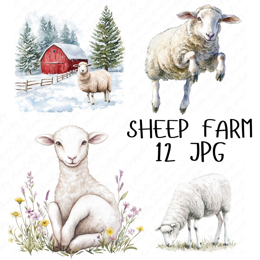 12 Watercolor Sheep Farm Clipart, Cute Sheep Clipart, Farm Animal ...