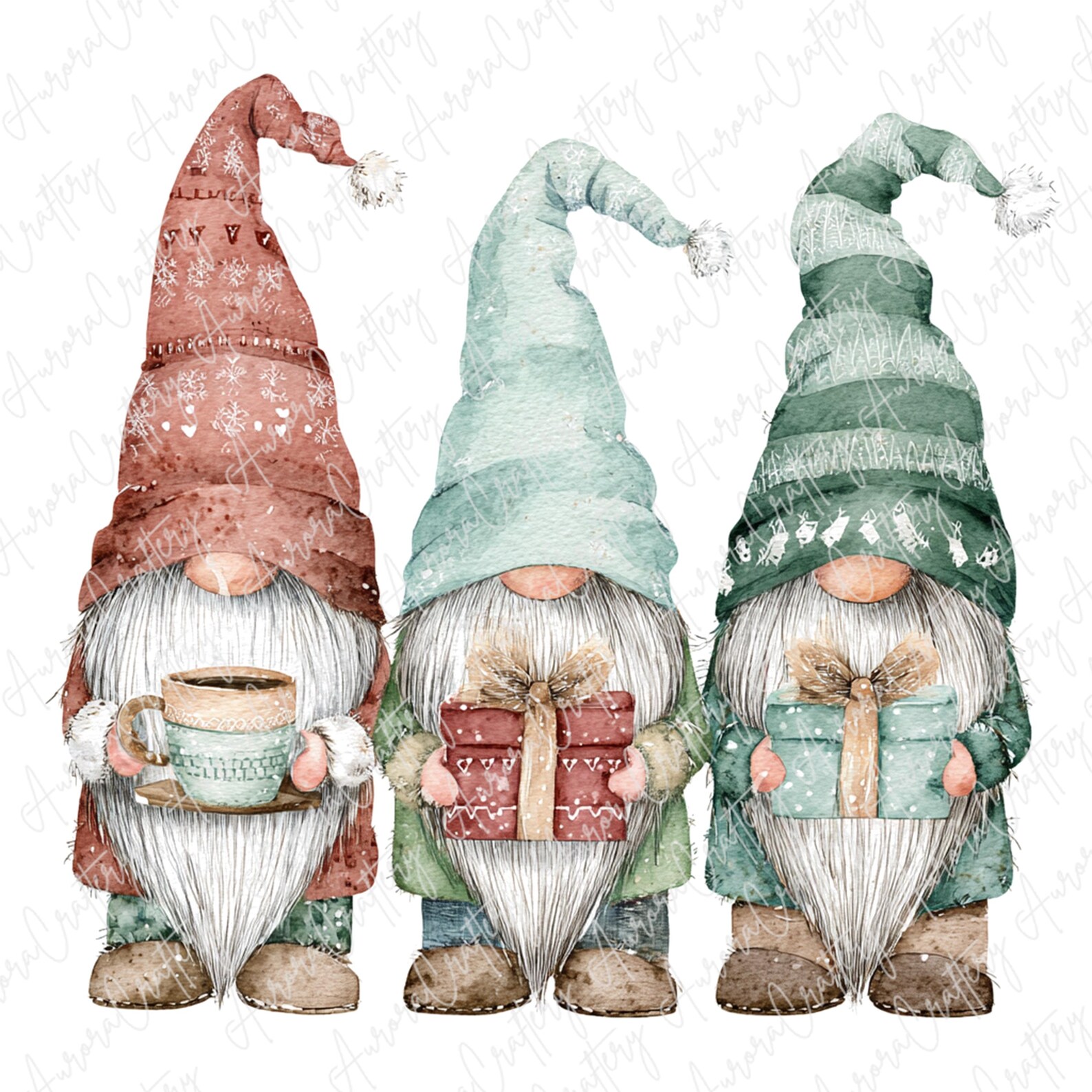 7 Watercolor Winter Gnomes Clipart Set, Festive Gnomes With Gifts JPG ...