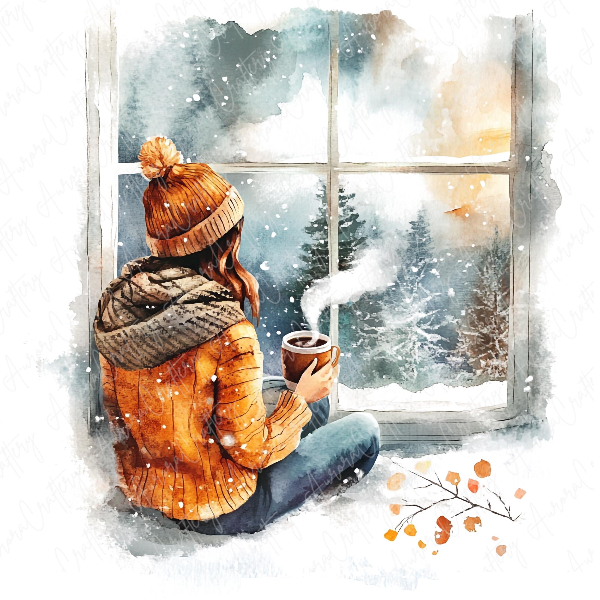 7 Watercolor Winter Window Scene Clipart, Girl by Windows With Winter ...