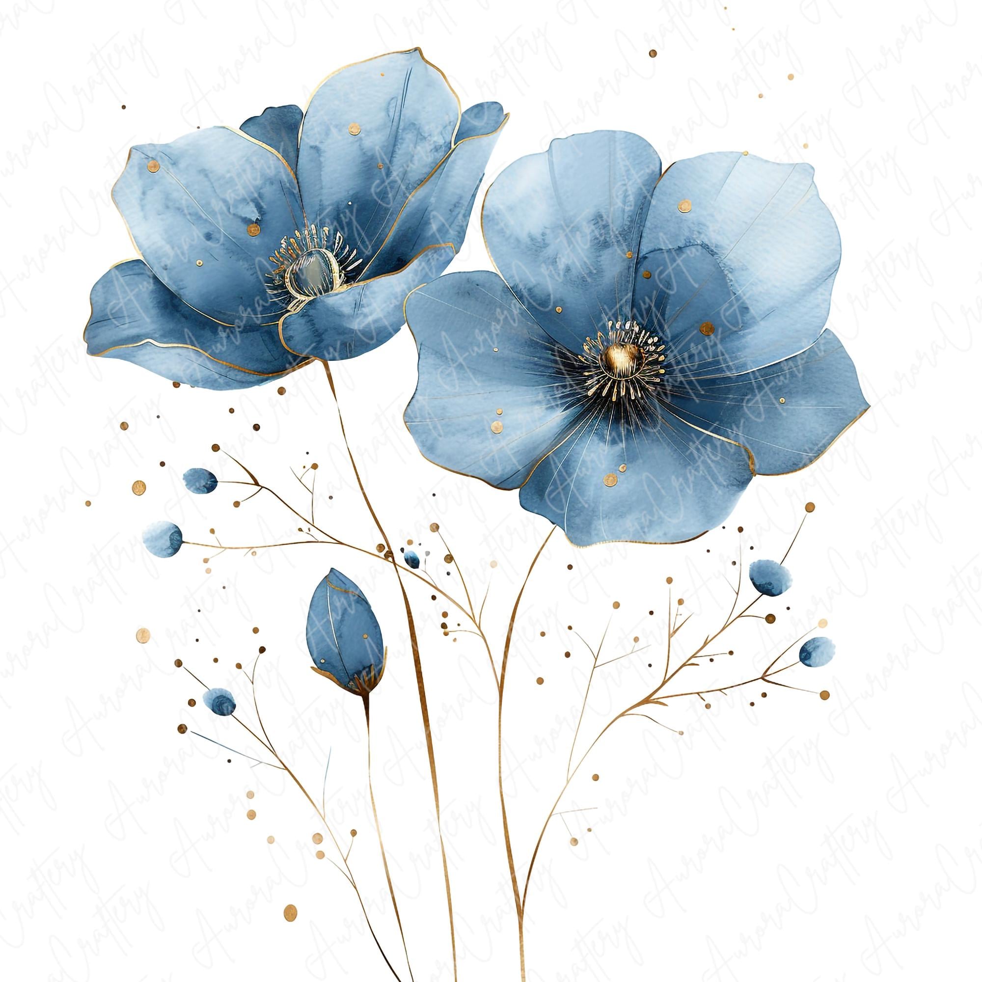 13 Abstract Blue Watercolor Floral Clipart Bundle, Soft Blue & Gold ...