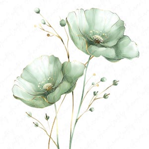 16 Abstract Green Watercolor Floral Clipart Bundle, Mint Green & Gold ...