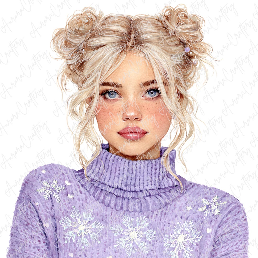 5 Watercolor Winter Girl Clipart JPG, Blonde Girl in Purple Snowflake ...