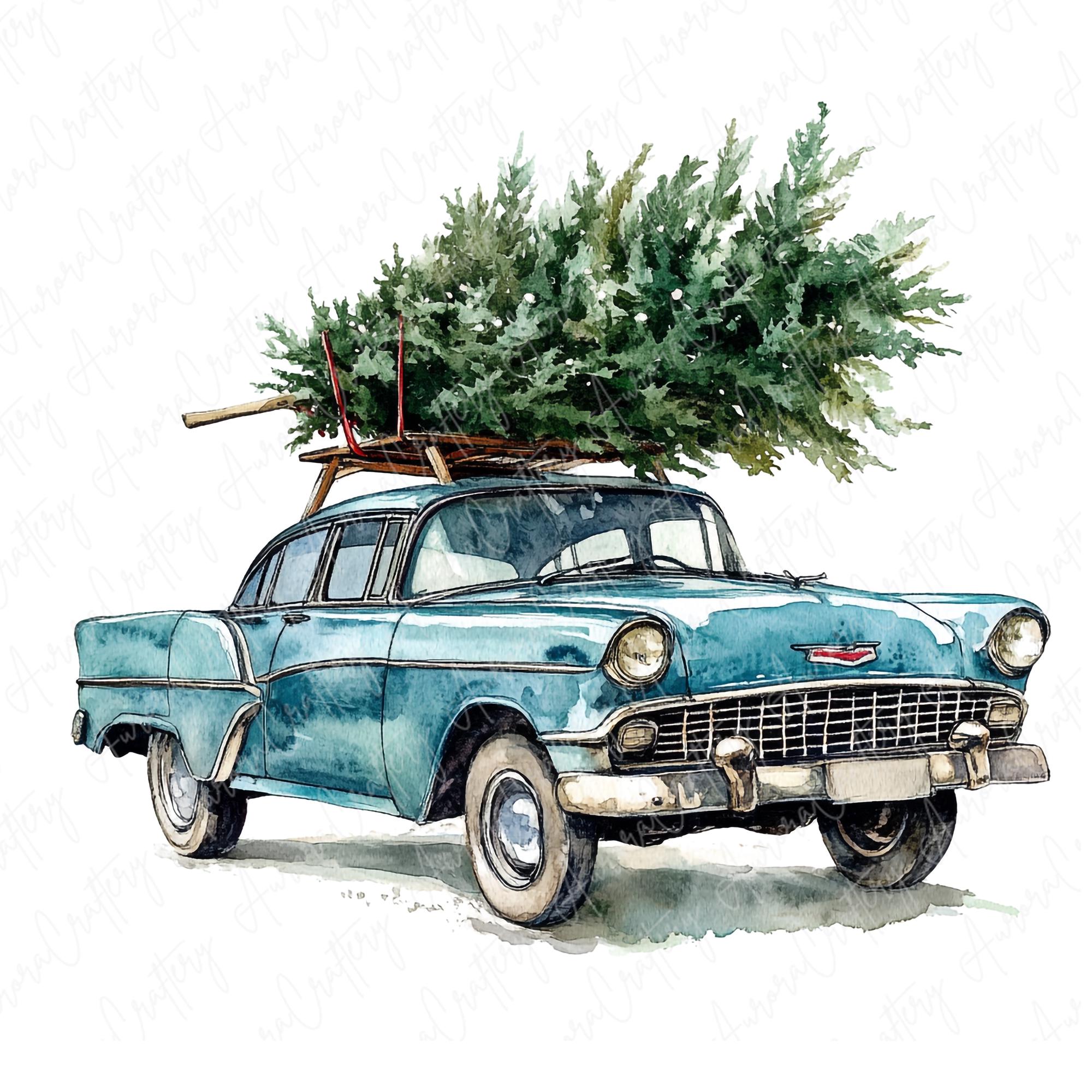 10 Festive Car Clipart, Vintage Cars With Winter Trees, Festive Tree ...