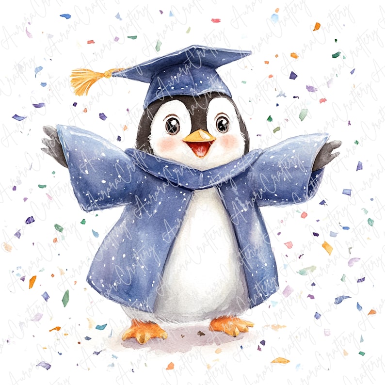 8 Watercolor Graduation Penguin Clipart, Penguins in Blue Gowns and ...