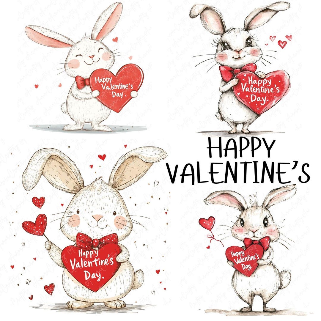 6 Valentine Bunny Clipart, Cute Rabbits With Heart Balloons and Love ...