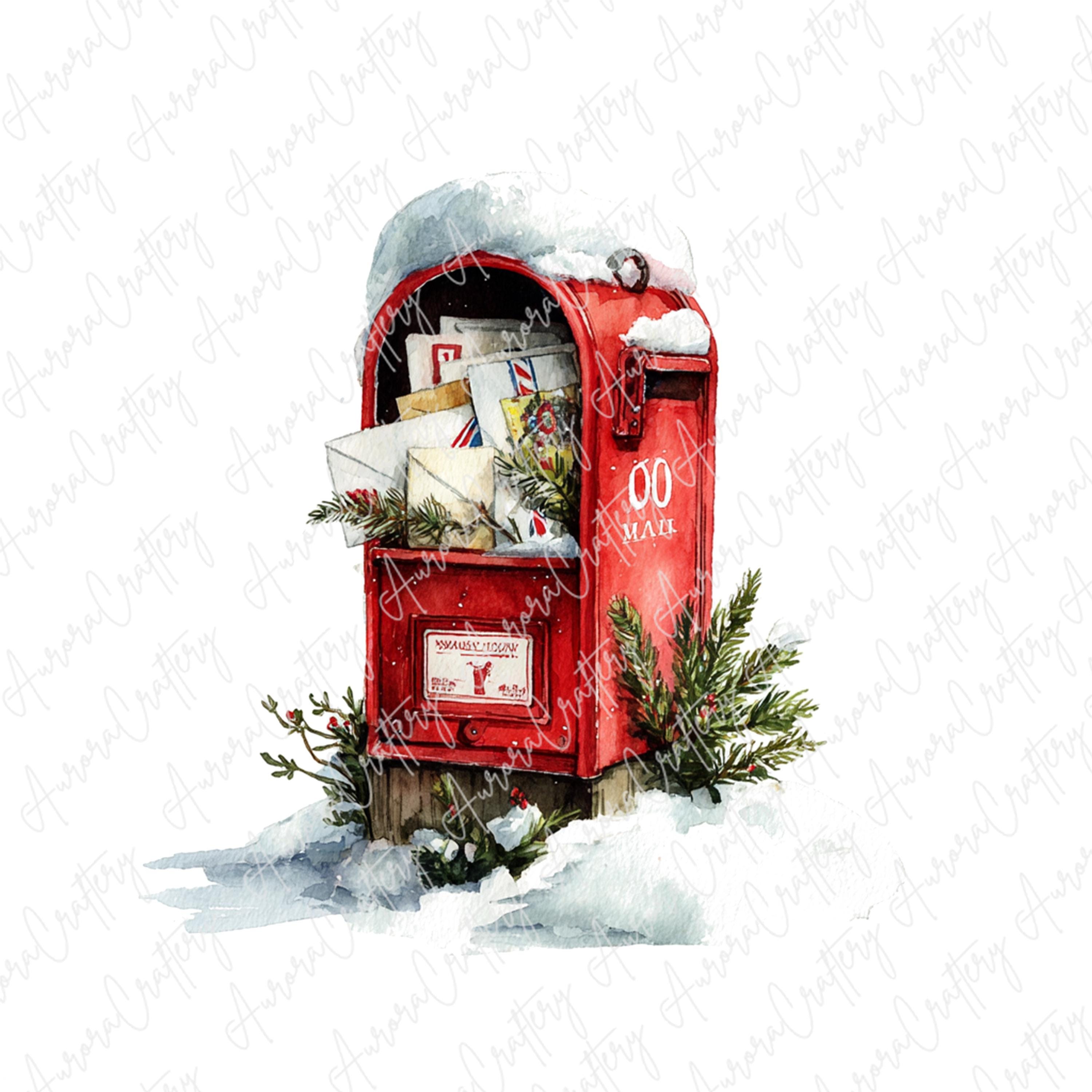 4 Watercolor Red Mailbox Clipart, Snowy Winter Postbox With Letters and ...