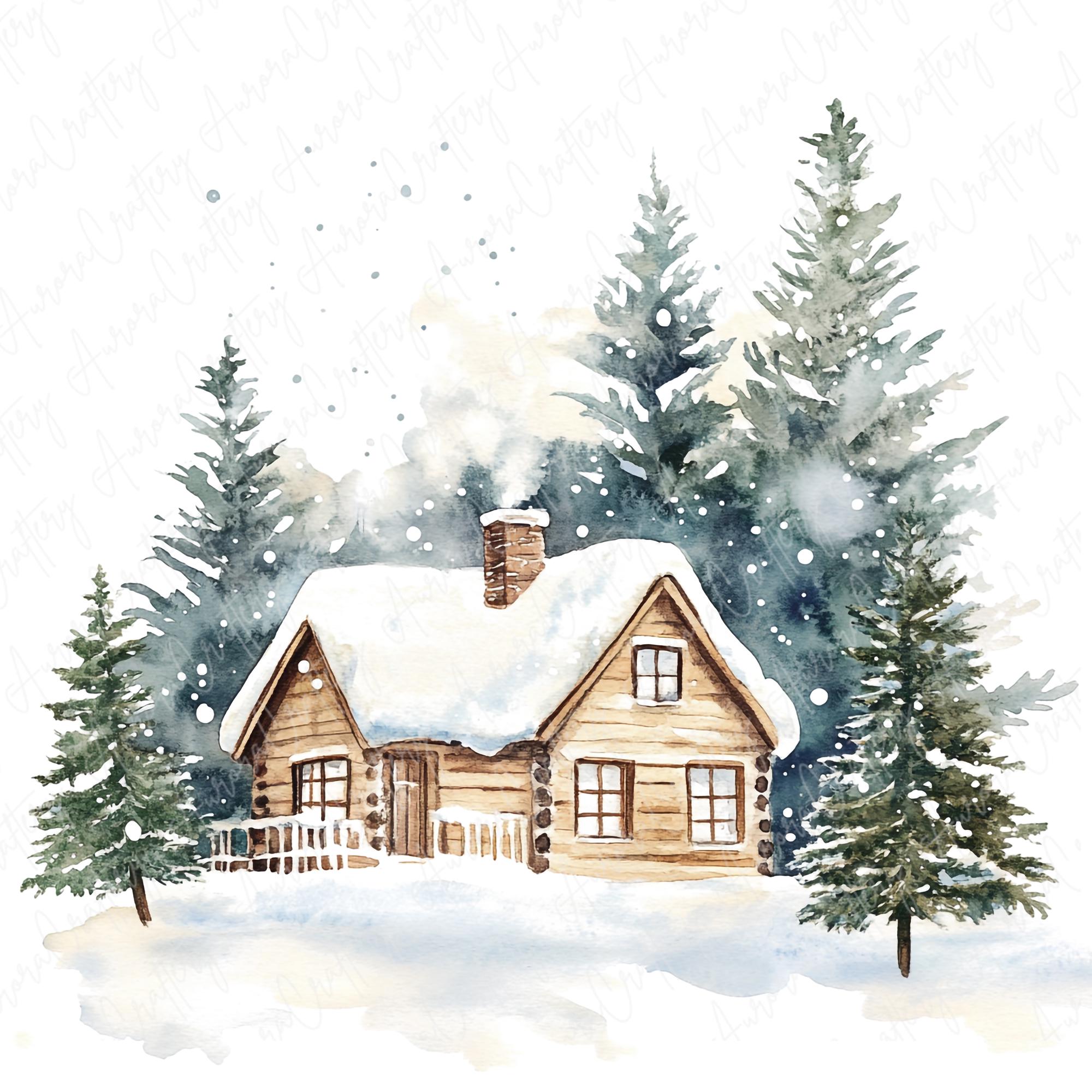 10 Watercolor Winter Cabin Clipart, Snowy Forest Cottages With Pine ...