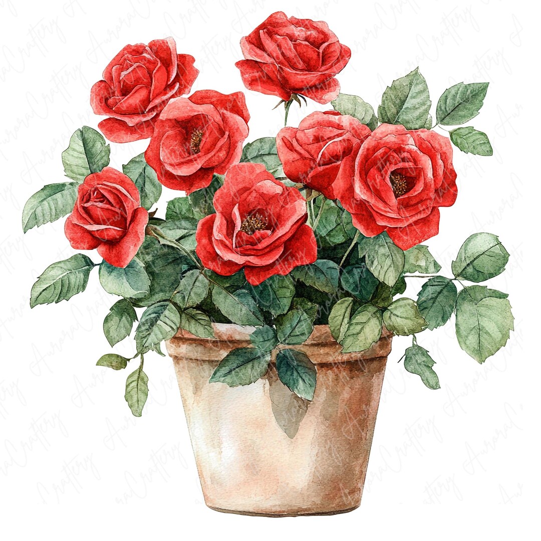 9 Watercolor Potted Roses Clipart, Elegant Floral Pot Clipart, Red Rose ...