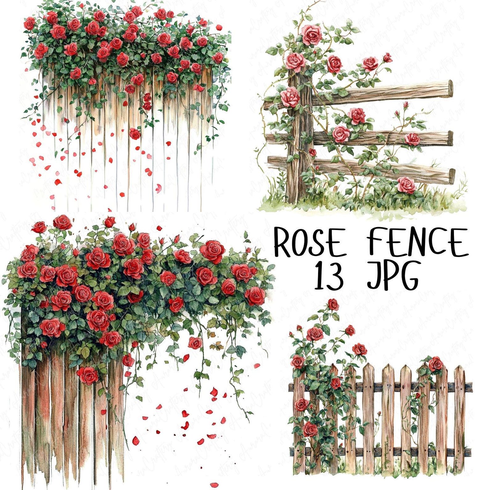 13 Watercolor Rose Fence Clipart, Romantic Valentine's Love Fences With ...