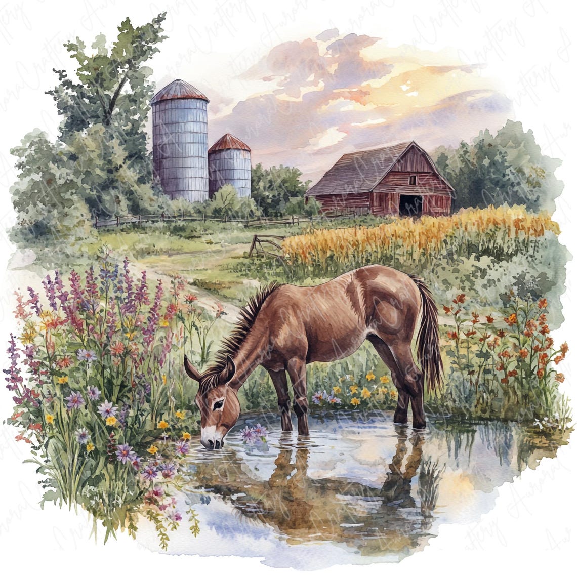 10 Donkey Farm Clipart, Watercolor Donkeys, Cute Donkey Clipart, Farm ...