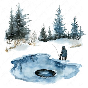 8 Watercolor Ice Fishing Clipart, Winter Landscape Clipart, Fisherman ...